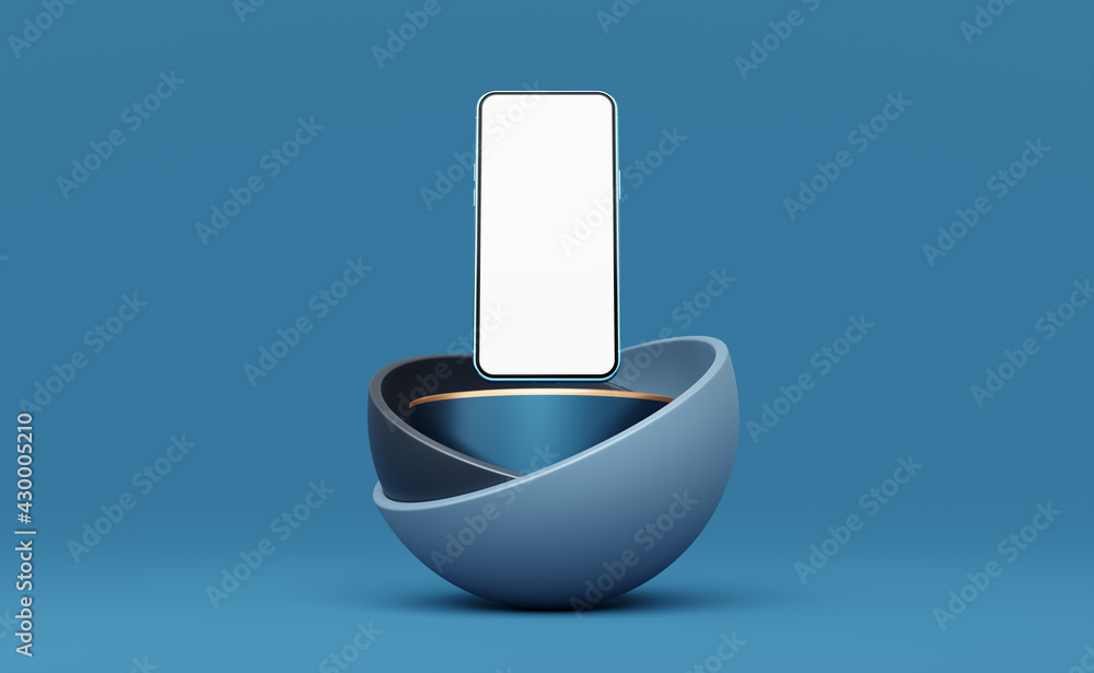 Blue mobile phone floating on cylinder podium with gold border in half ...