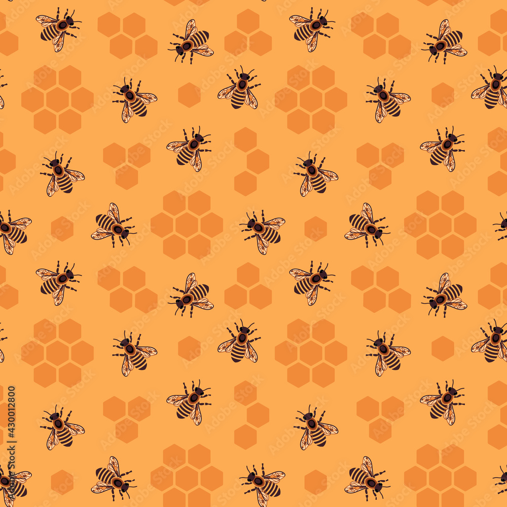 Vector pattern with honey bees. Honeycomb cells inside beehive ...