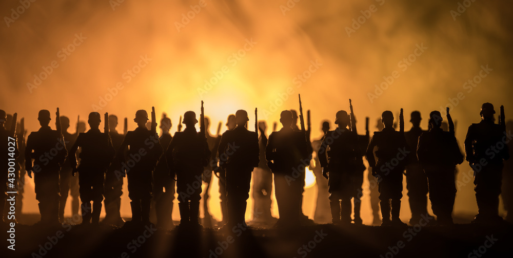War Concept. Military silhouettes fighting scene on war fog sky ...