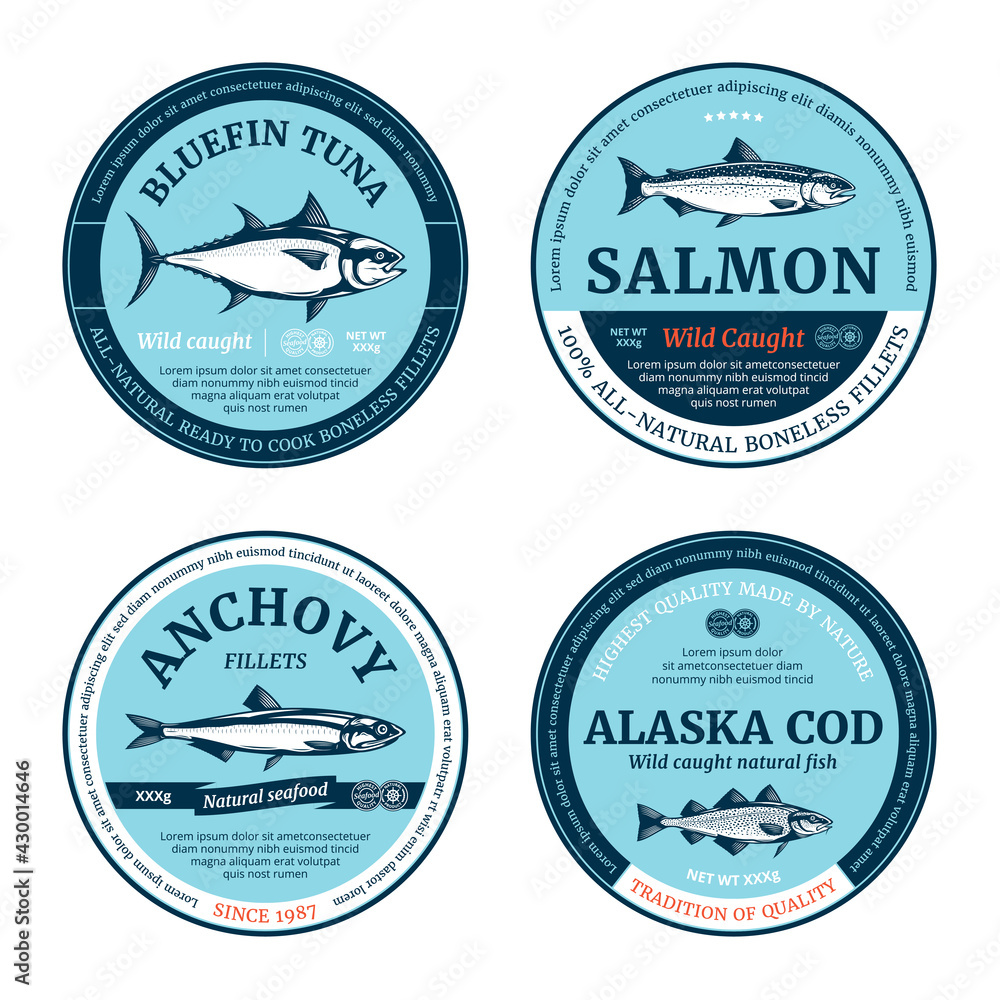 Vector fish round labels. Salmon, tuna, anchovy and cod fish ...