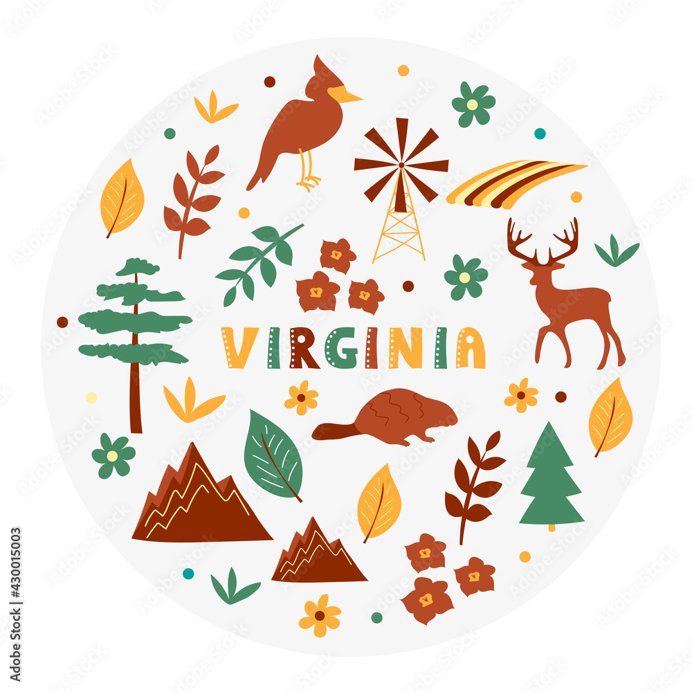 USA collection. Vector illustration of Virginia theme. State Symbols ...