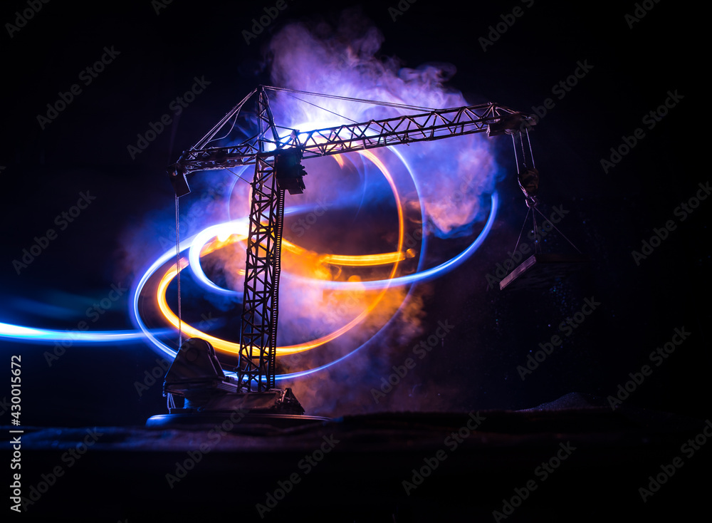 Abstract Industrial background with construction crane silhouette over ...