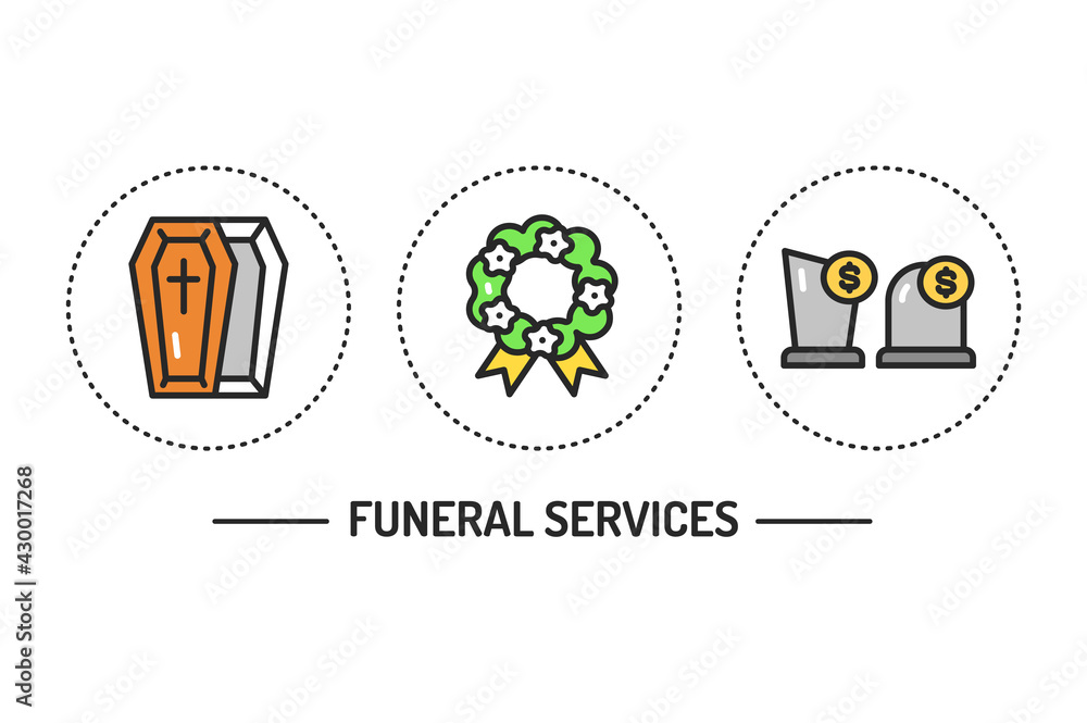 Funeral services color line icons concept. Isolated vector element ...