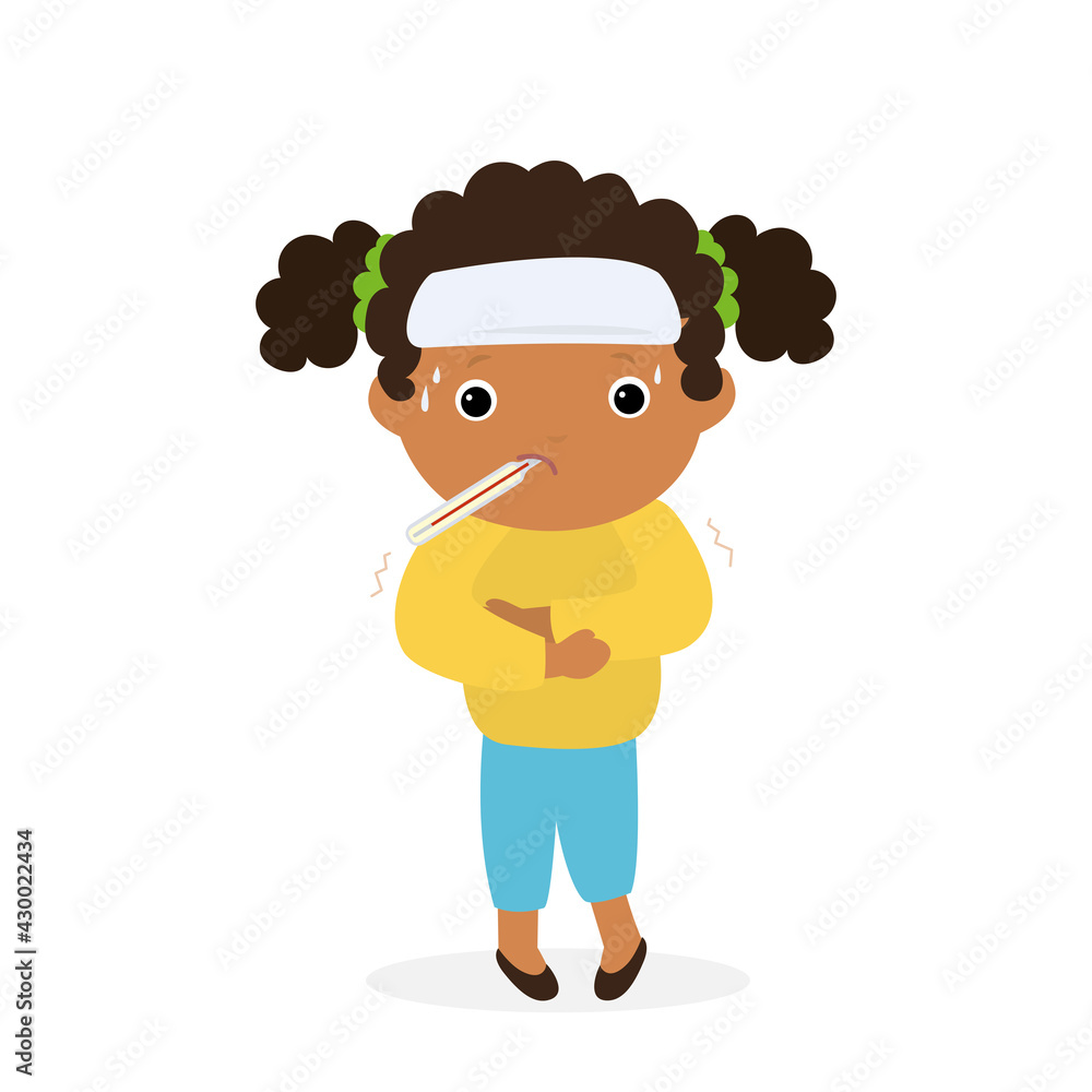 Cartoon sick girl with high fever. African american child is sick with ...