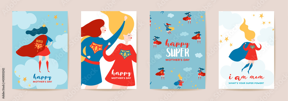 Mothers Day Greeting Cards with Super Mom. Superhero Mother Character ...