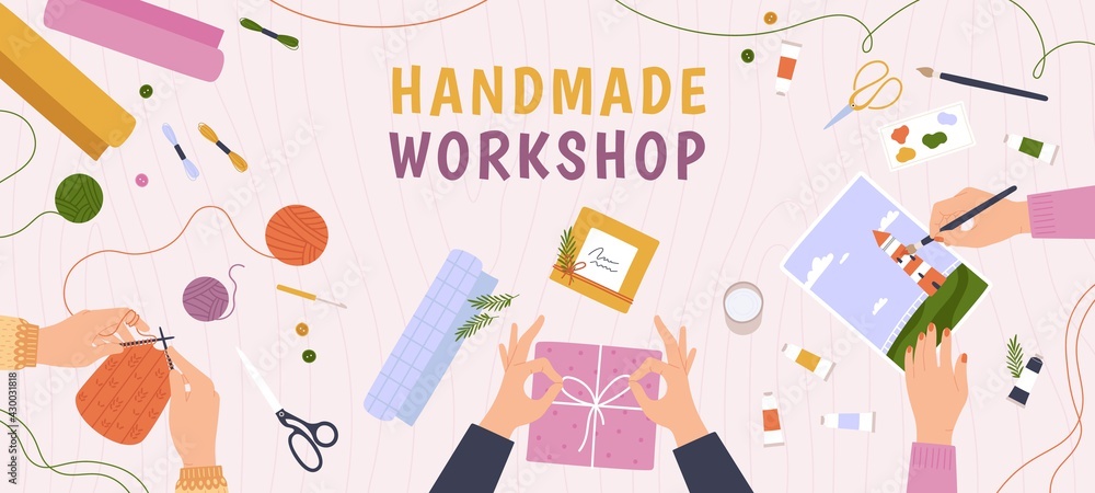 Creative craft workshop. Desk top view with hands work on handmade ...