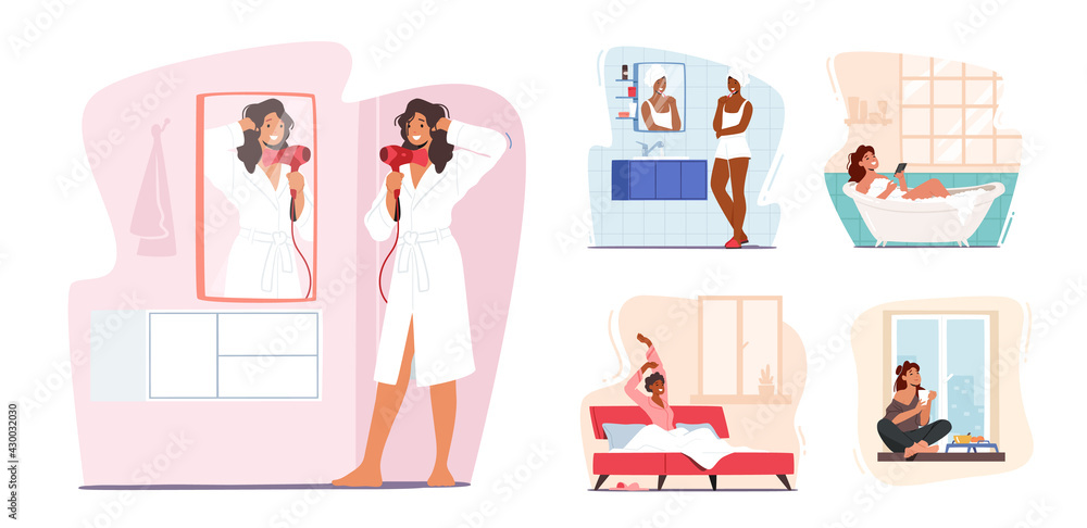 Set Women Daily Routine Concept. Young Female Characters Morning ...