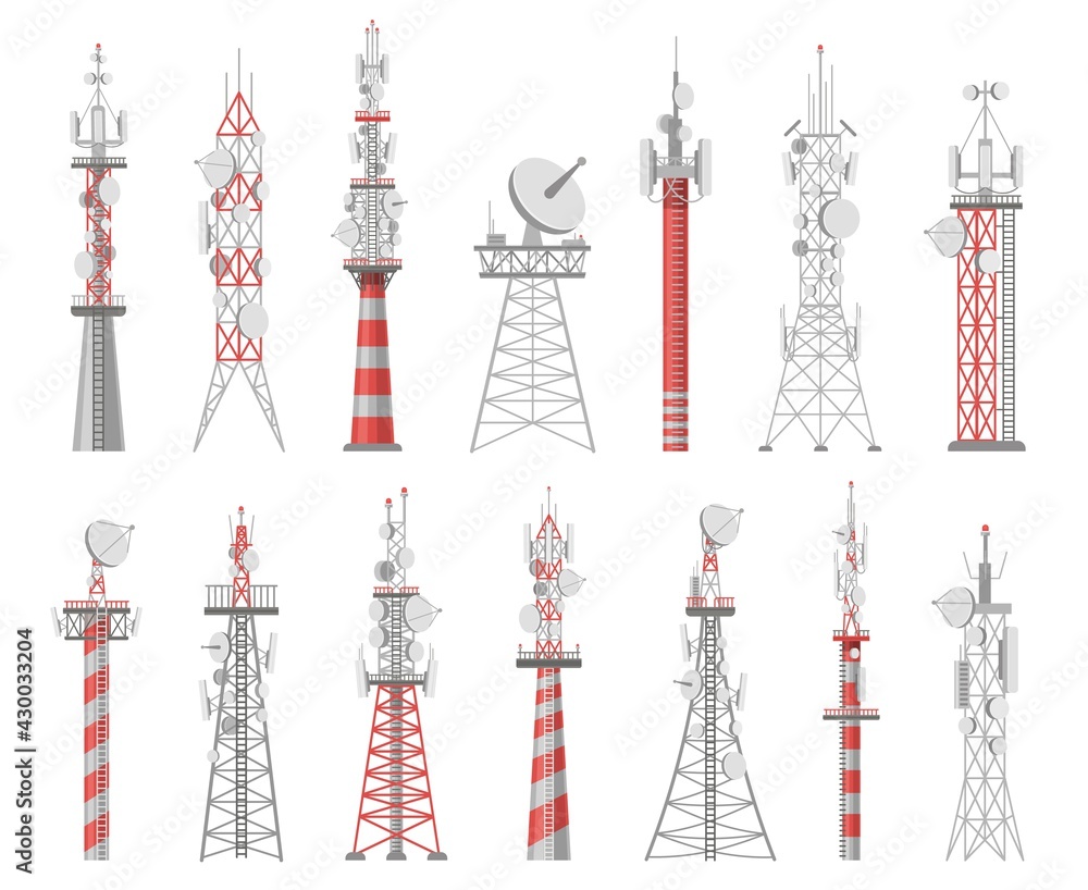 Wireless towers. Telecommunication network tower. Mobile and radio ...