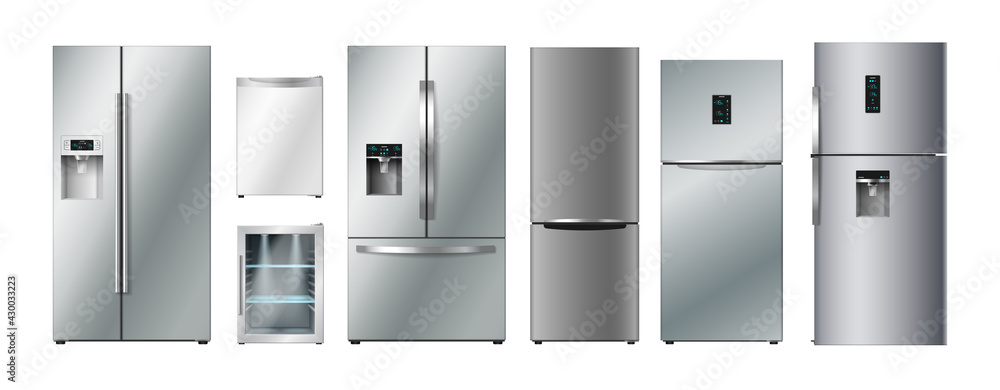 Modern fridges set. Realistic silver coolers, refrigerators of ...
