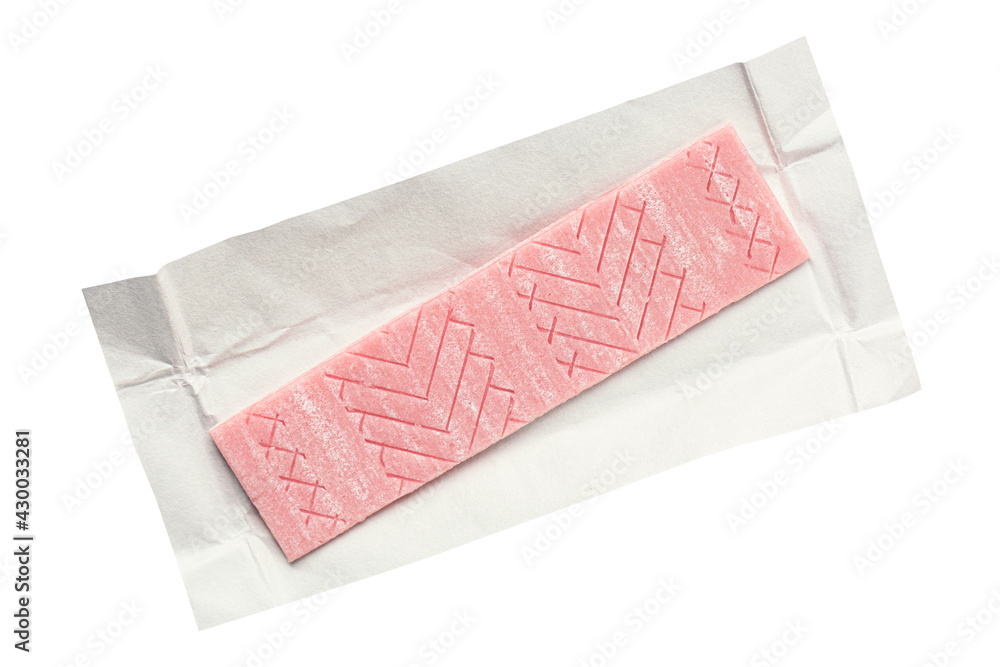 Pink chewing gum in wrapping paper foil isolated on white background ...
