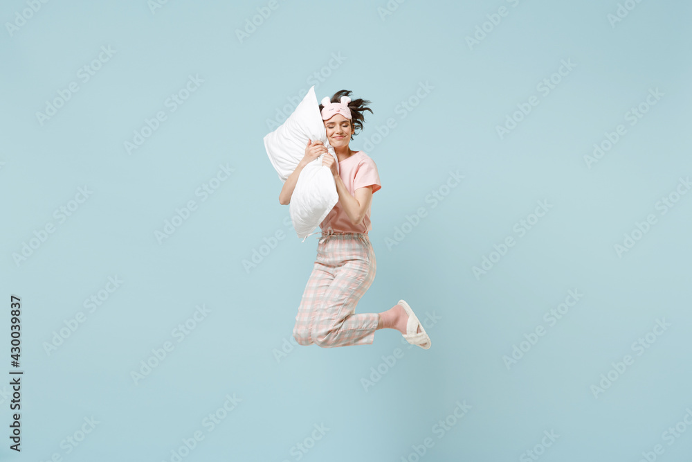 Full length young sleeping happy woman 20s wear pajamas jam sleep eye ...