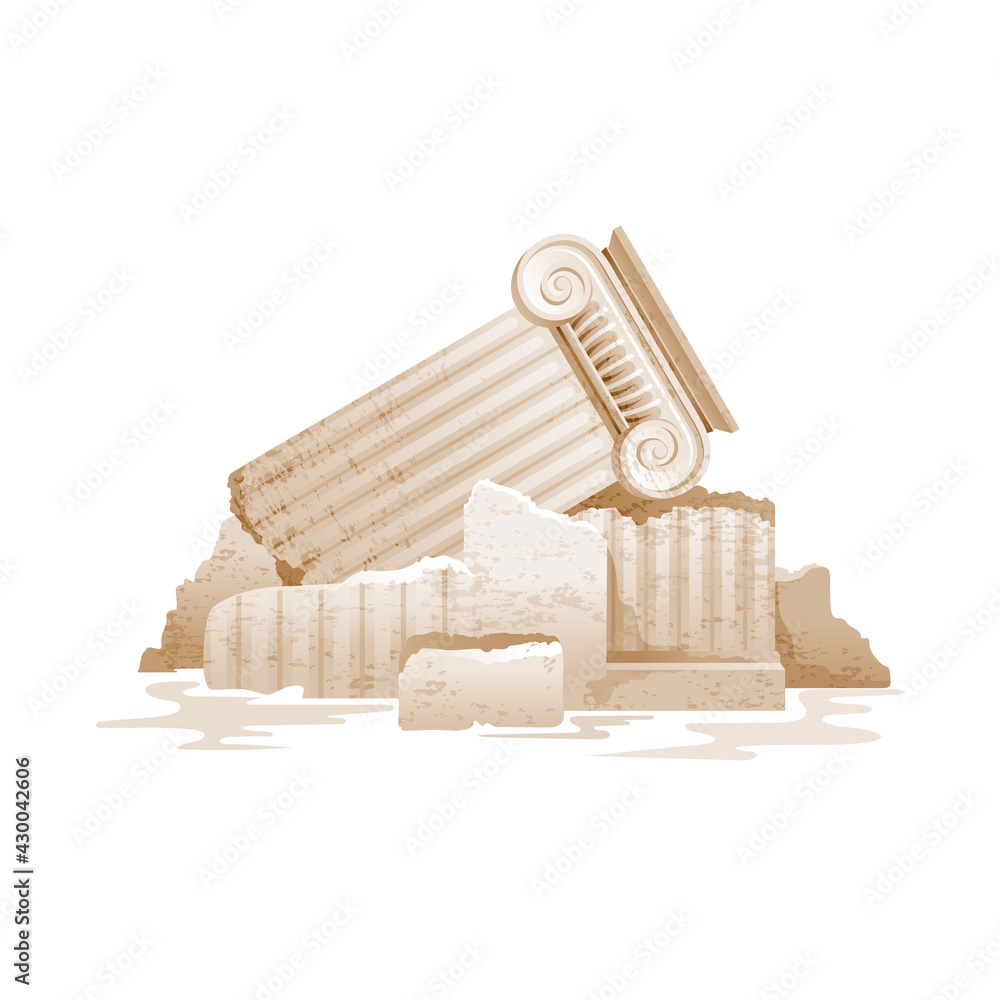 Greek column. Broken pillar vector. Ruined column illustration. Roman or Greek ancient ...