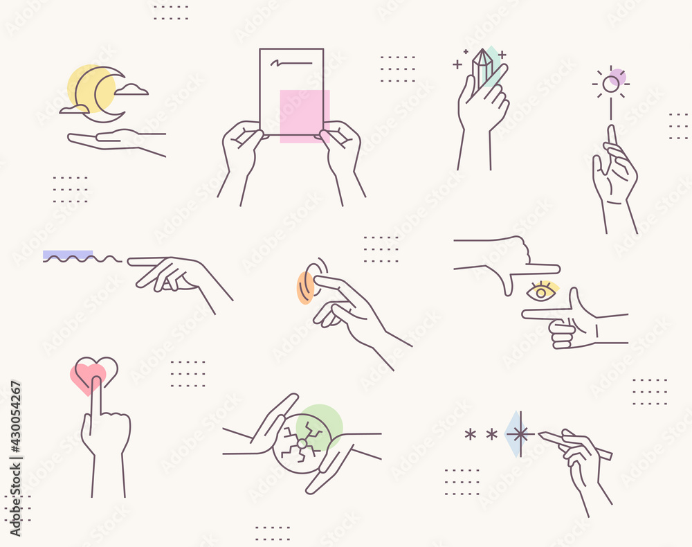 Emotional mood hand gestures. Line drawing icons and soft colors ...