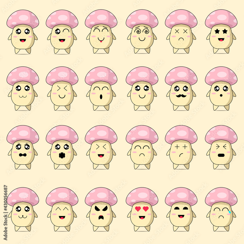 Cartoon kawaii Mushrooms. cute emoticon emoji characters in japanese ...