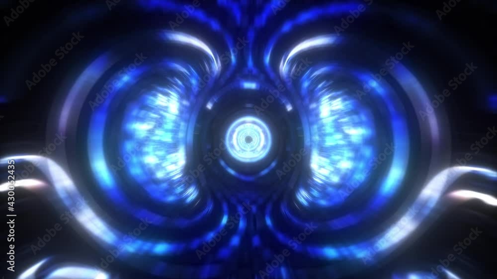 Abstract bright shiny blue neon 3D futuristic vortex lights background. 4K seamless loop ...