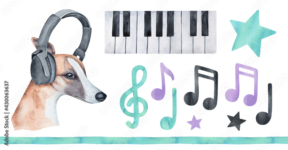 Water color illustration collection of cute dog wearing headphones ...