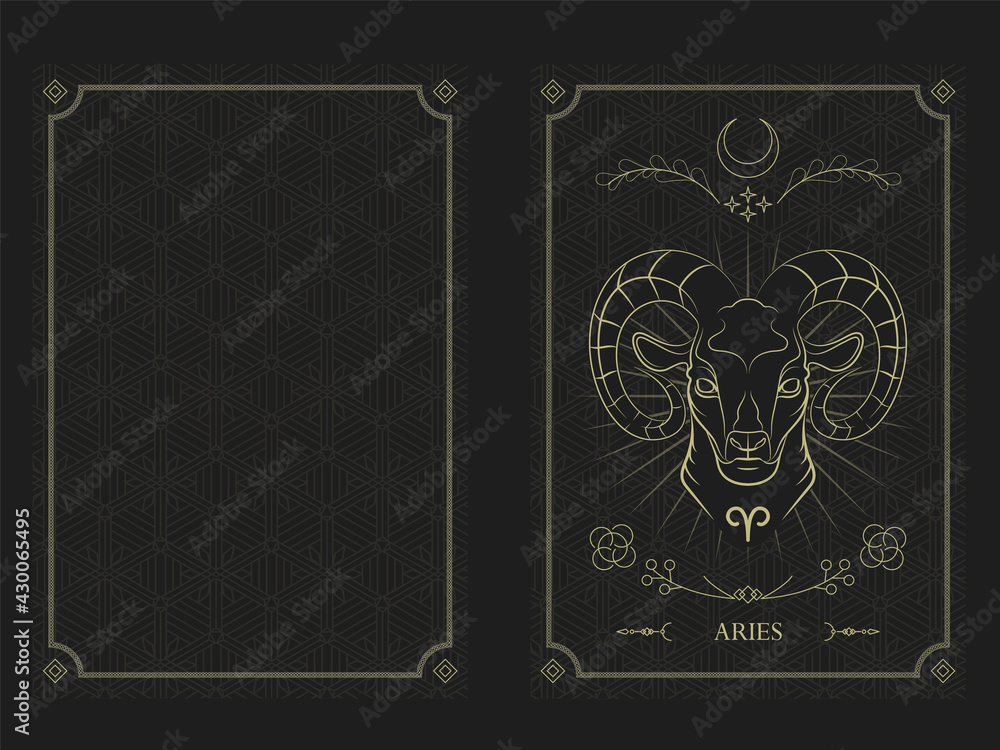 Zodiac Aries Horoscope Card Golden Outline Style with Crescent Moon ...