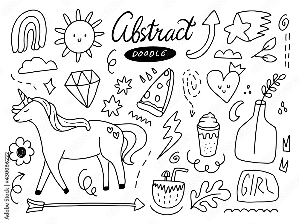 Abstract doodle sticker line art set with cute unicorn and dreamy magic ...
