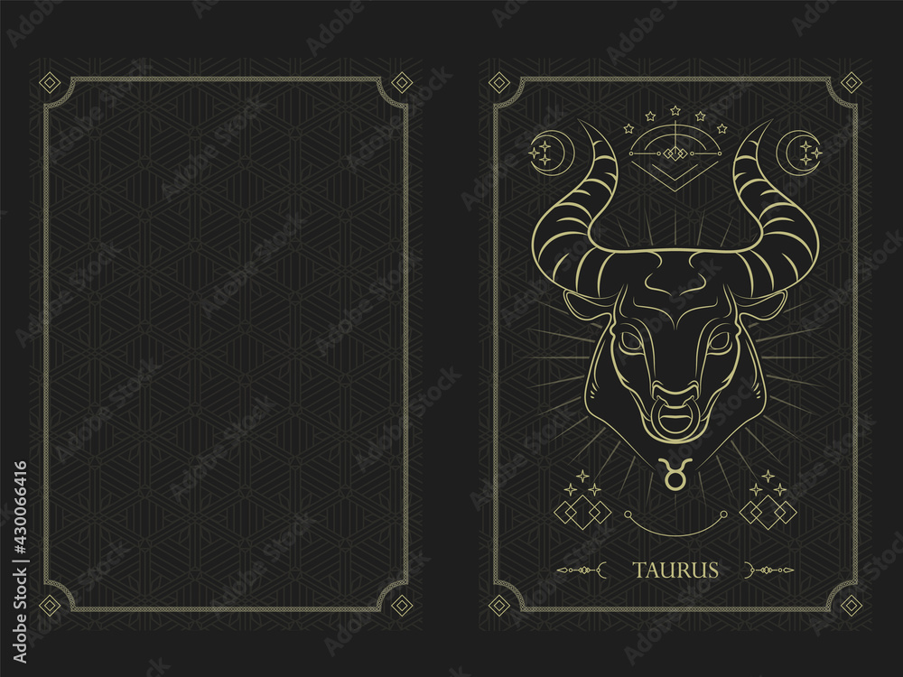 Zodiac Taurus Horoscope Card Golden Outline Style with Crescent Moon ...
