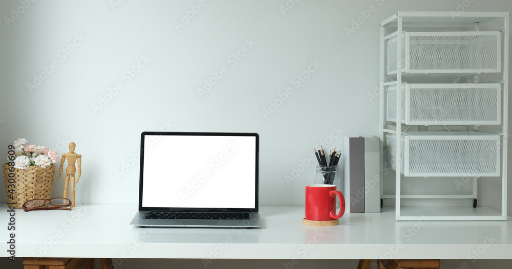 Modern workspace with computer with blank screen and equipment on white ...