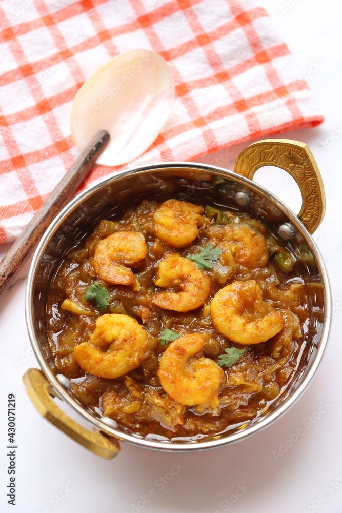 Indian food- Prawns masala or shrimp curry. Also known as Kolambi che ...