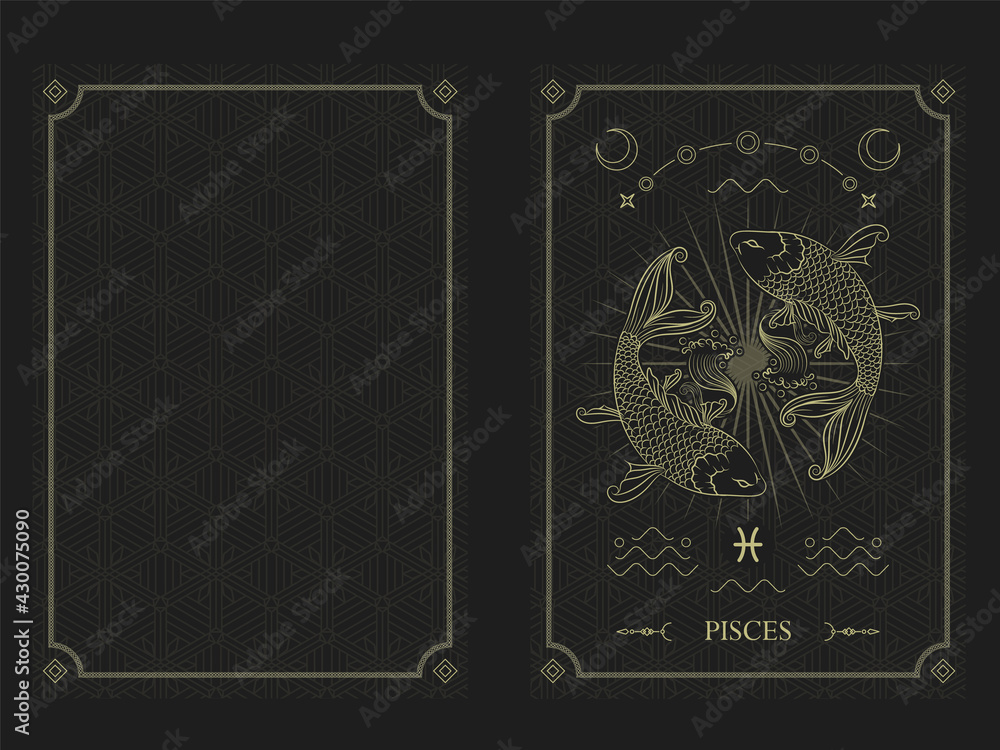 Zodiac Pisces Horoscope Card Golden Outline Style with Water wave ...