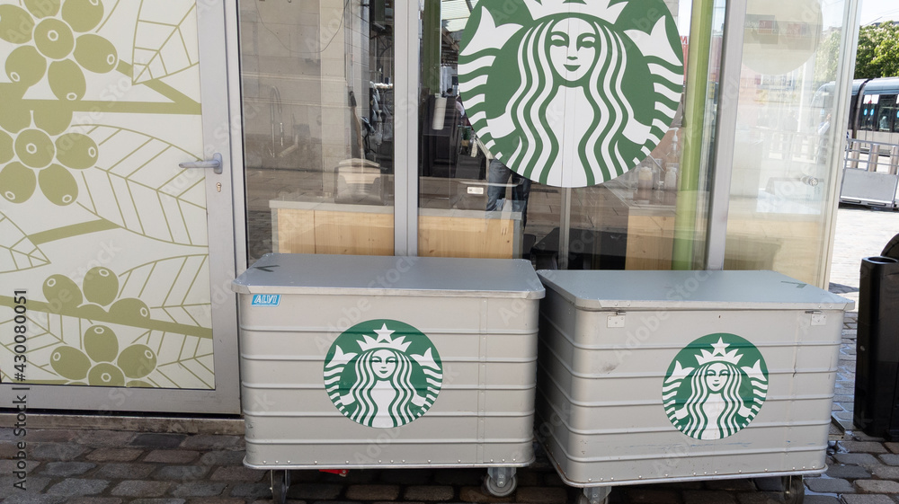 starbucks logo brand and sign on delivery box front of Coffee shop ...