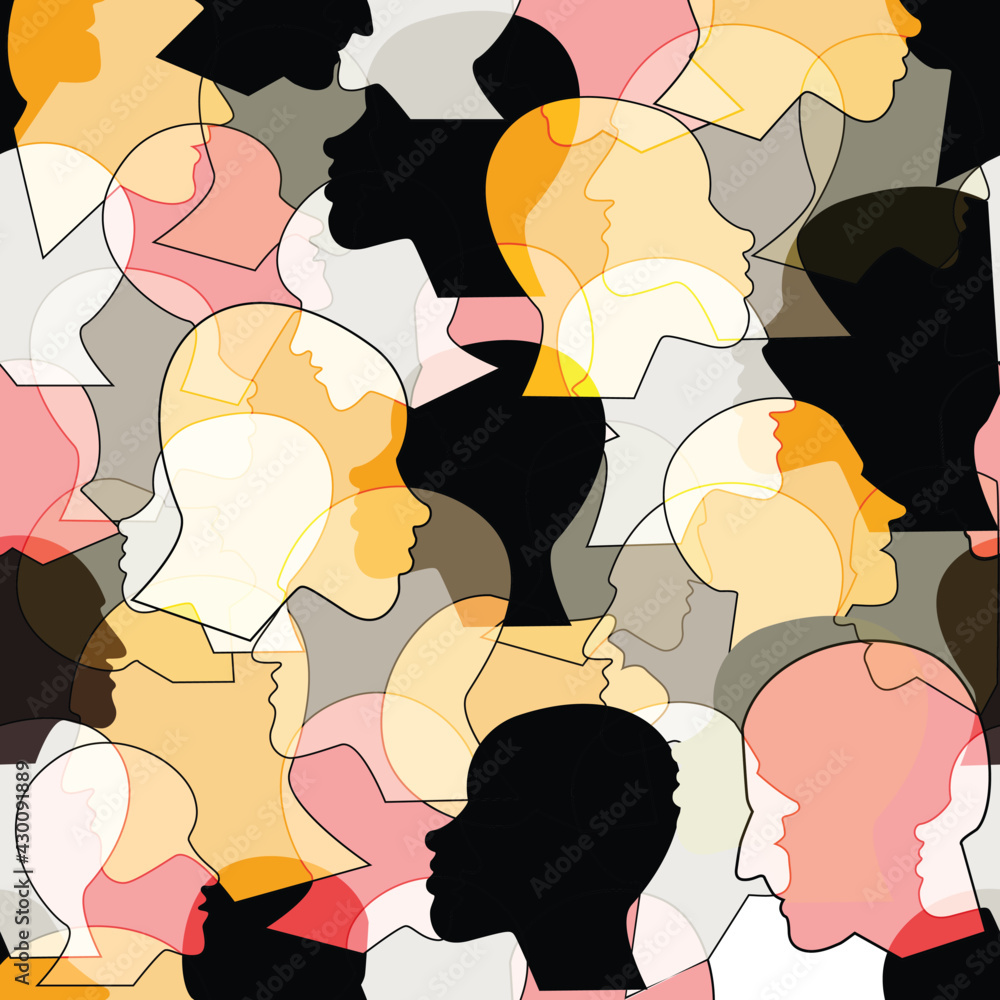 Seamless pattern of a crowd of many different people profile heads from ...