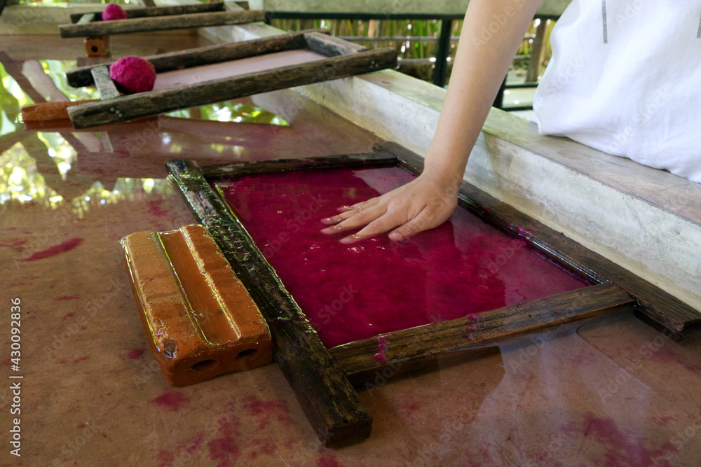 Red elephant poo ball dissolved in sieve. In the processes of making ...