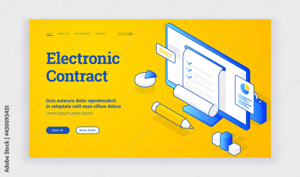 Electronic contract. Vector illustration of computer monitor with ...