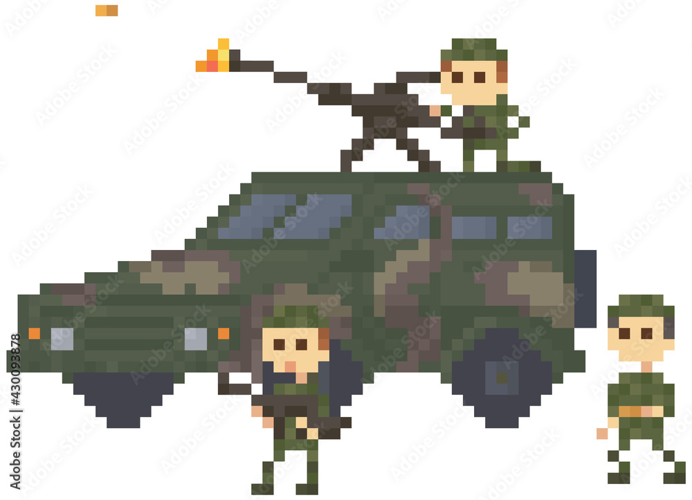 Soldiers in uniform near combat camouflage transport for pixel game ...