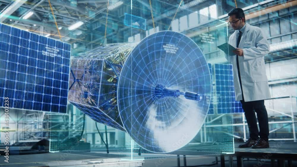Male Engineer Uses Tablet Computer for Satellite Construction ...