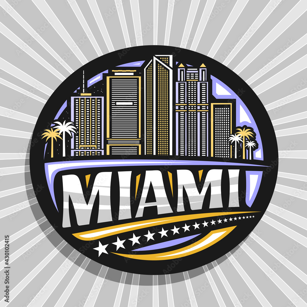 Vector logo for Miami, black decorative tag with outline illustration ...