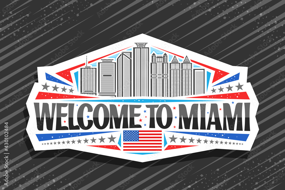 Vector logo for Miami, white decorative tag with outline illustration ...