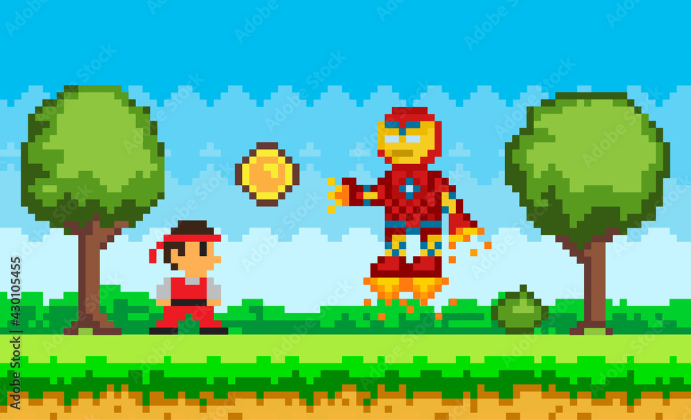 Robot in jet boots attacks cartoon character. Pixelated bot flying near ...