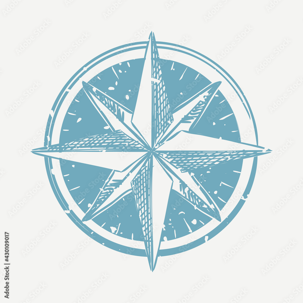 Blue compass linocut in cute illustration Stock Illustration | Adobe Stock
