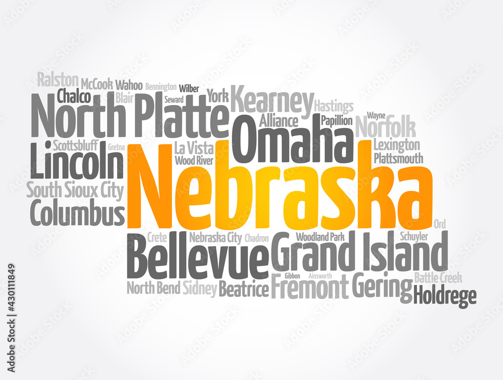List of cities in Nebraska USA state, map silhouette word cloud map ...