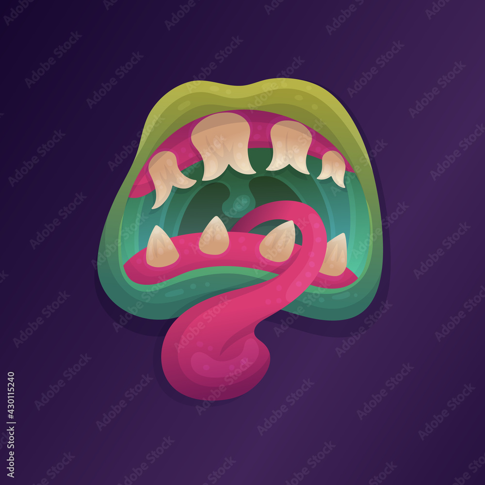 Monster mouth with teeth and disgusting tongue flat cartoon vector ...
