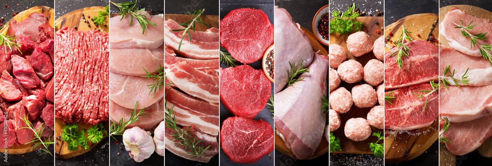 food collage of various types fresh meat, top view Stock Photo | Adobe ...