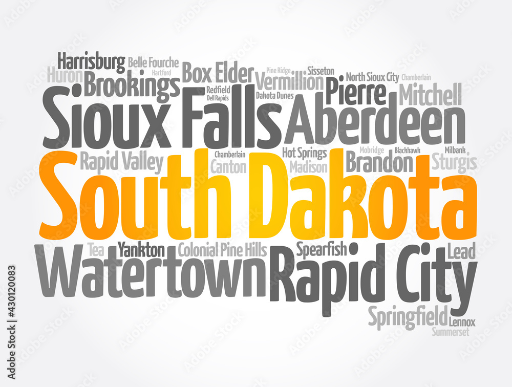List of cities in South Dakota USA state, map silhouette word cloud map ...