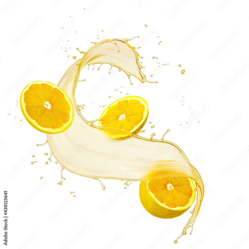 Falling slices of lemon with lemon juice splash isolated on white ...