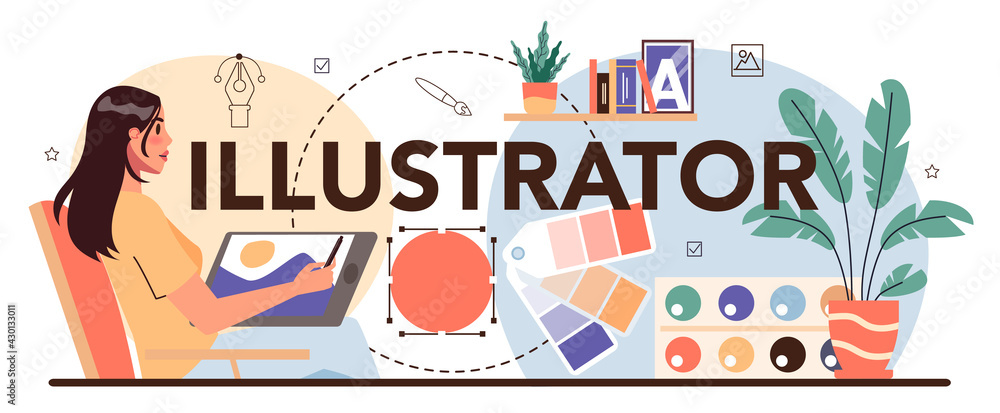 Illustrator typographic header. Artist drawing picture for book and ...