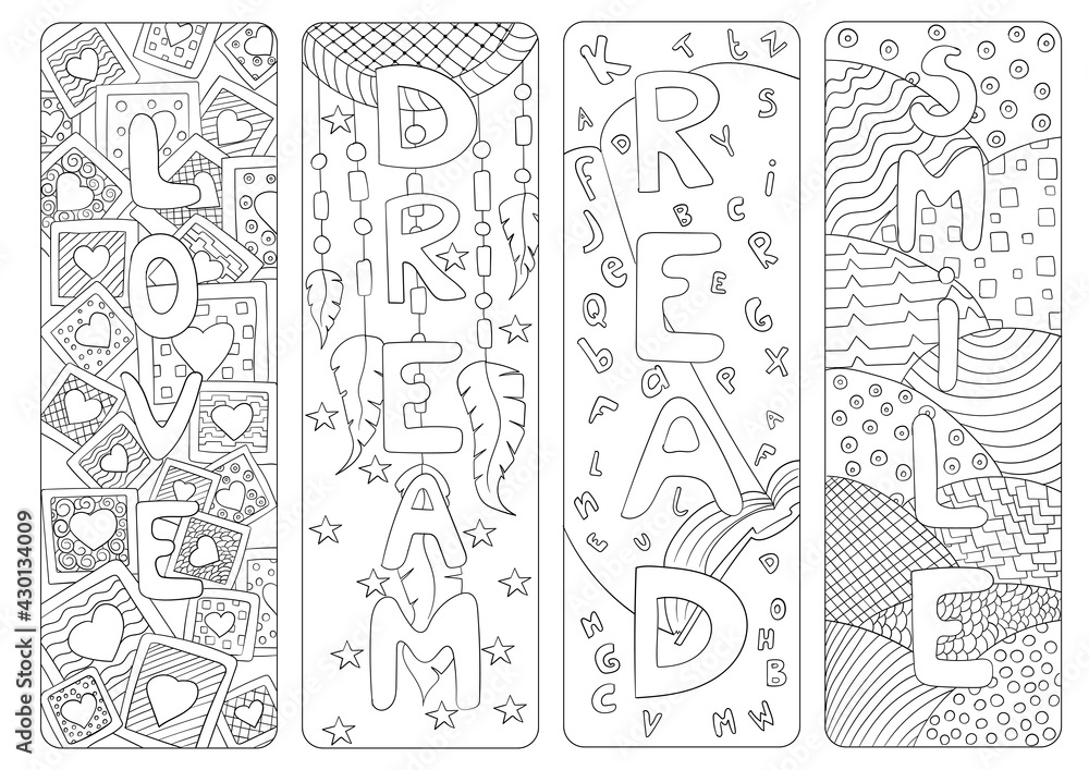 Set of four bookmarks for coloring with love, dream, read and smile ...