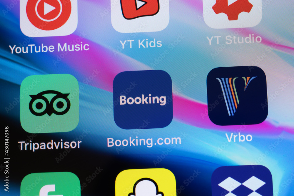 New York, USA - 26 April 2021: Booking.com app logo on phone screen ...