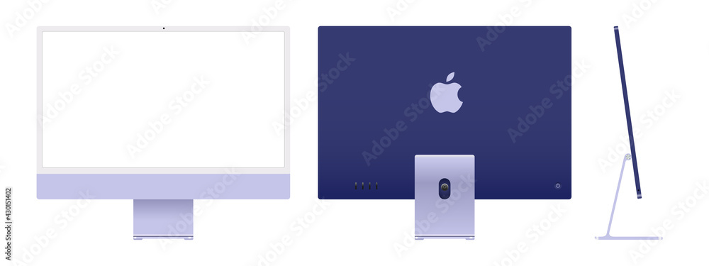 Realistic mockups of the new iMac 24 in purple on an isolated ...
