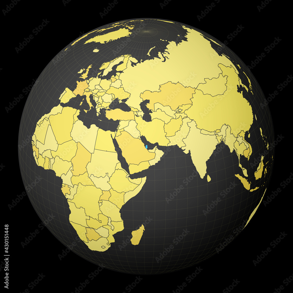 Qatar on dark globe with yellow world map. Country highlighted with ...
