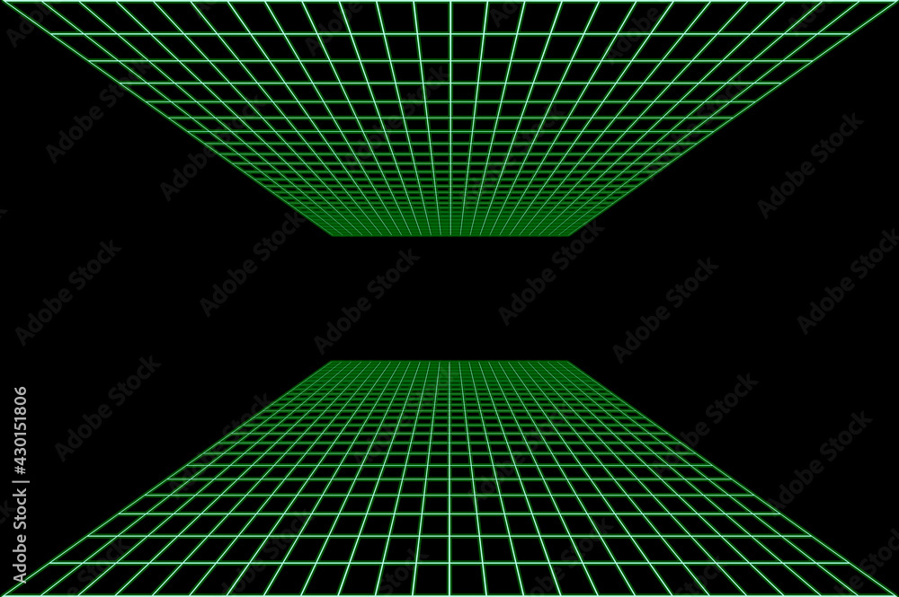 Green retro-futuristic 80s glowing synthwave cyberpunk grid background ...
