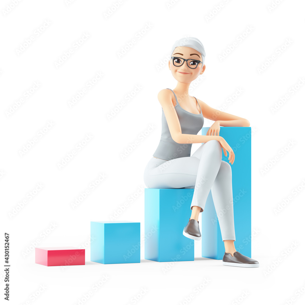 3d senior woman sitting on bar graph Stock Illustration | Adobe Stock