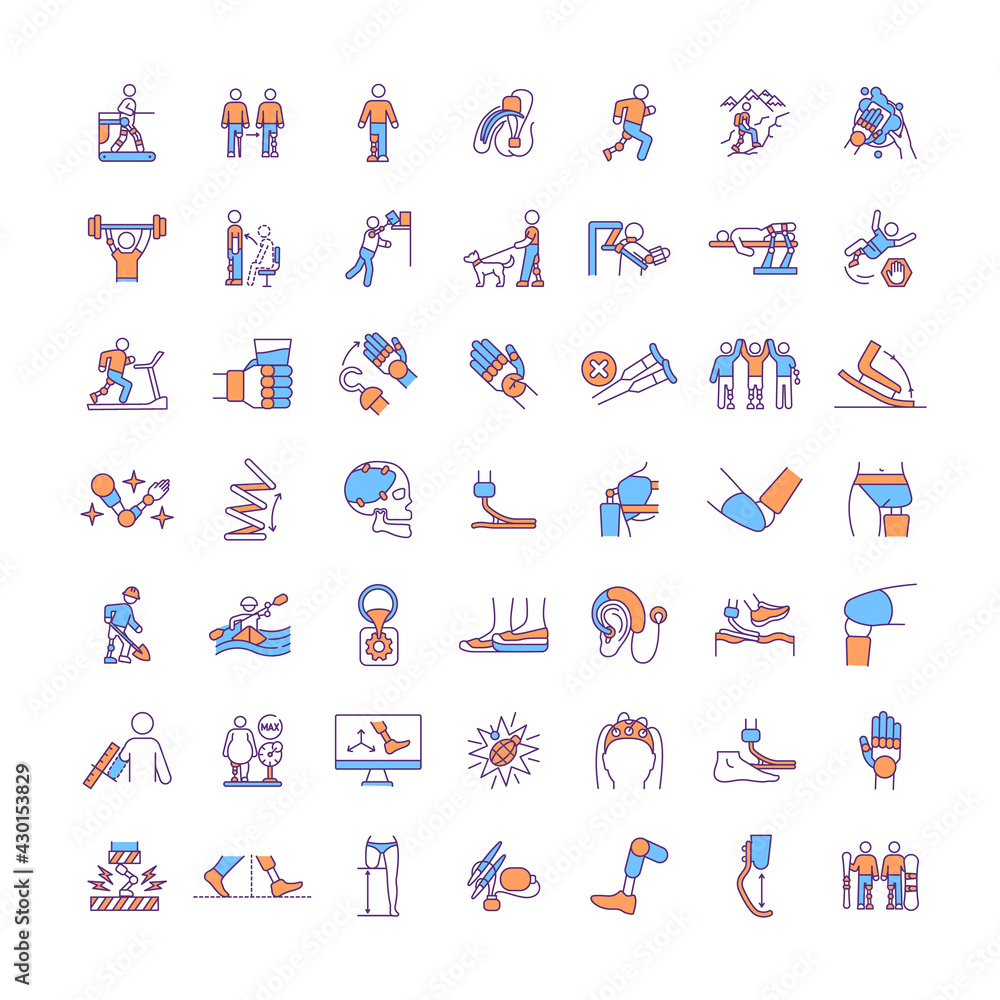 Artificial limbs RGB color icons set. Medical device. Rehabilitation ...