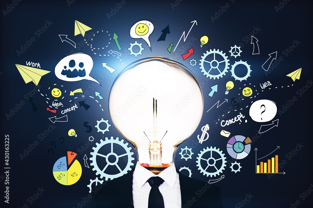 Brainstorming and idea concept with glowing light bulb instead of head ...